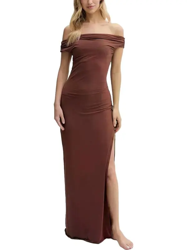 Bond Eye Off-shoulder Side-split Maxi Dress - Brown