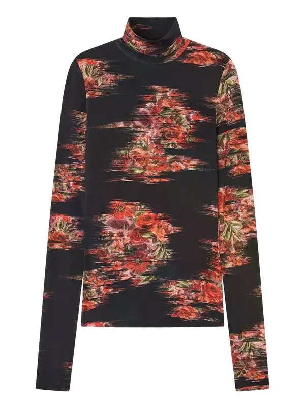 GANNI Floral Print Turtleneck Top - Black