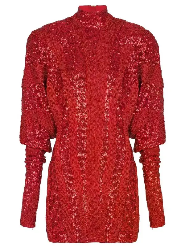 Balmain Sequin Embellished Mini Dress - Red