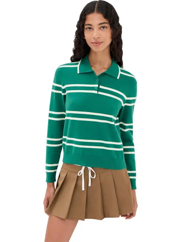 STATE & LAKE Long Sleeve Striped Polo - Green/white