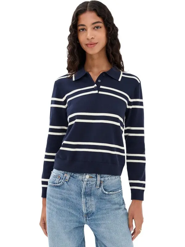 STATE & LAKE Long Sleeve Striped Polo - Navy/white