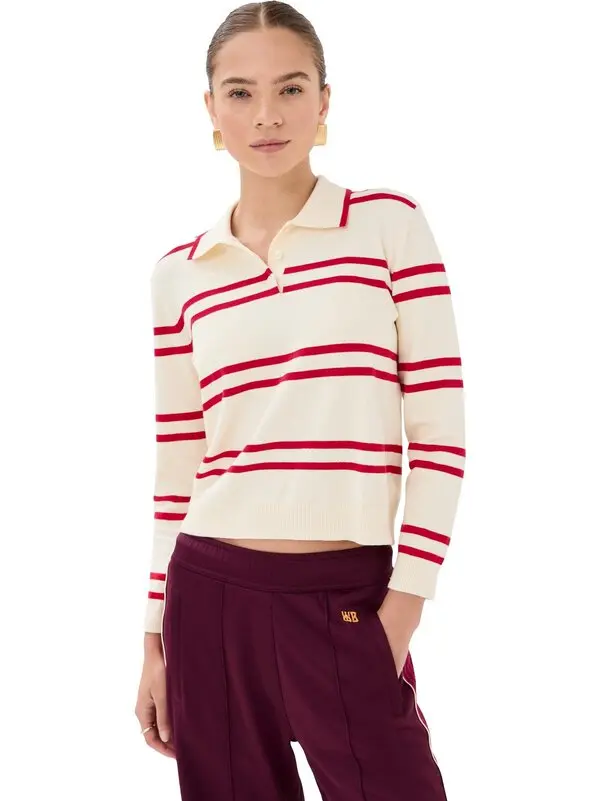 STATE & LAKE Long Sleeve Striped Polo - White/red