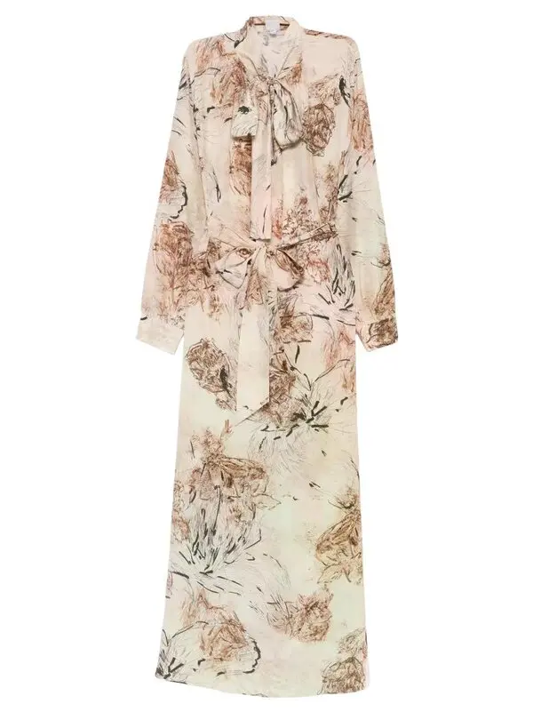 Eleventy Floral-print Tie-neck Dress - Neutrals