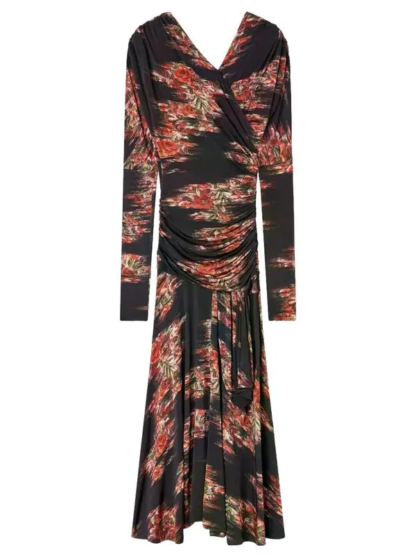 GANNI Floral-print Ruched Midi Dress - Black