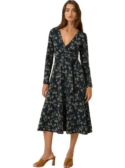 PACT Fit & Flare Wrap Dress - Painted Petals Midnight Blue
