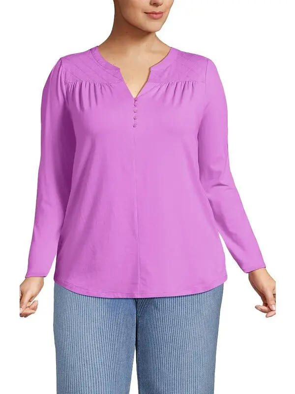 LANDS' END Long Sleeve Lightweight Jersey Notch Neck Tunic Top - Aster Pink