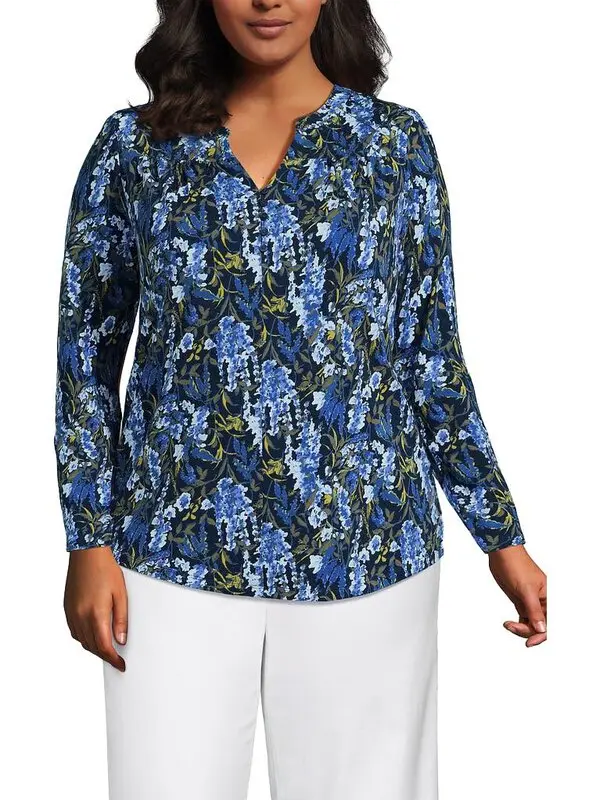 LANDS' END Long Sleeve Lightweight Jersey Notch Neck Tunic Top - Deep Sea Multi Floral