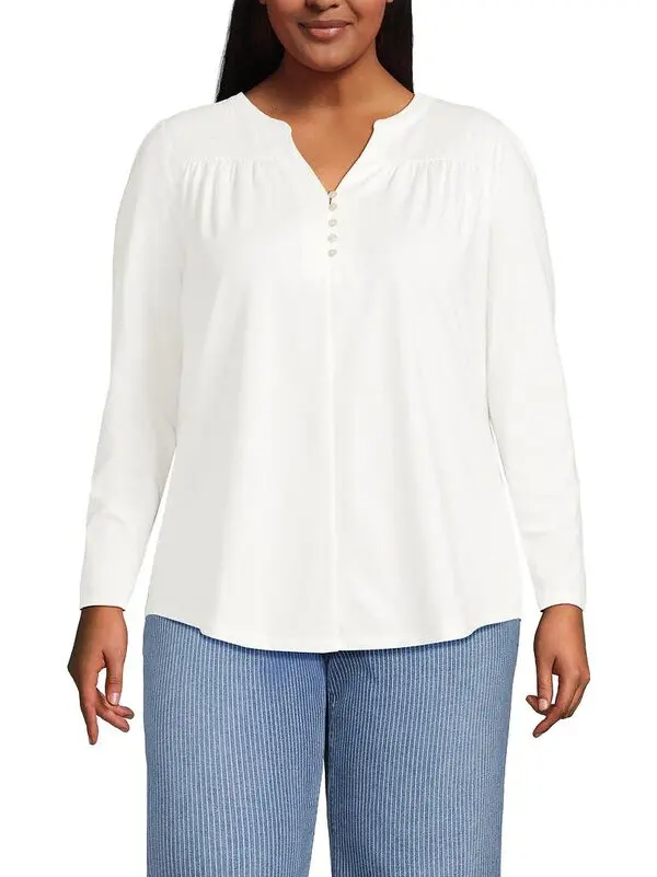 LANDS' END Long Sleeve Lightweight Jersey Notch Neck Tunic Top - Ivory