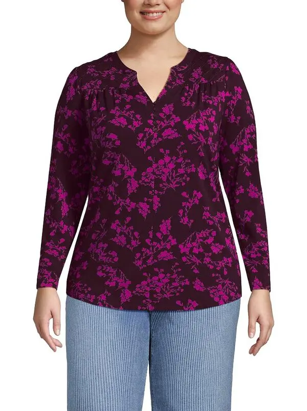 LANDS' END Long Sleeve Lightweight Jersey Notch Neck Tunic Top - Lush Burgundy Wildflowers
