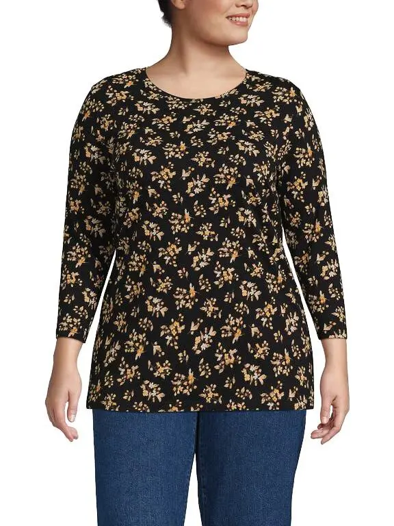LANDS' END Supima Cotton 3/4 Sleeve Tunic - Black Meadow Floral