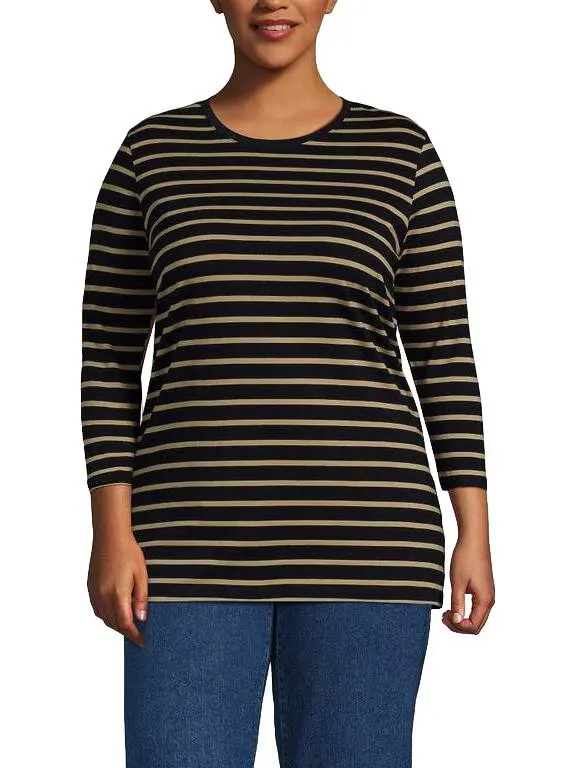 LANDS' END Supima Cotton 3/4 Sleeve Tunic - Black/almond Tan Breton Stripe