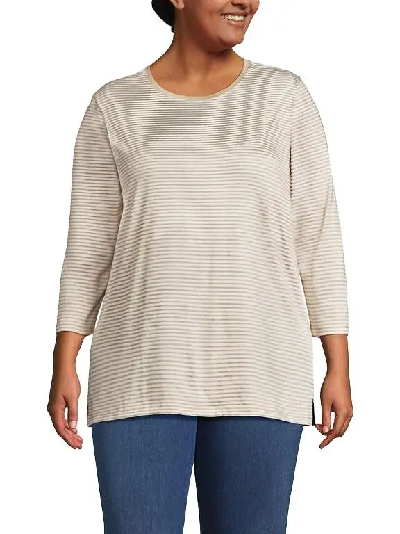 LANDS' END Supima Cotton 3/4 Sleeve Tunic - Champagne Micro Stripe