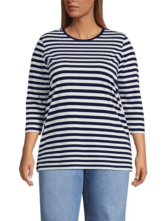 LANDS' END Supima Cotton 3/4 Sleeve Tunic - Deep Sea Navy Even Stripe
