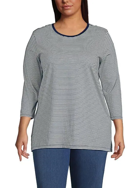 LANDS' END Supima Cotton 3/4 Sleeve Tunic - Deep Sea/ivory Micro Stripe