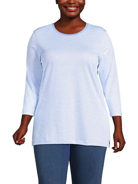 LANDS' END Supima Cotton 3/4 Sleeve Tunic - Light Sea Blue Micro Stripe