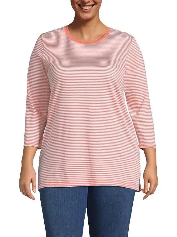 LANDS' END Supima Cotton 3/4 Sleeve Tunic - Sunset Coral Pink Micro Stripe