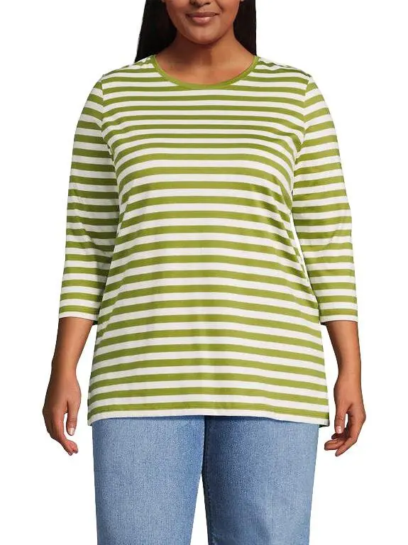 LANDS' END Supima Cotton 3/4 Sleeve Tunic - Vintage Lime Even Stripe