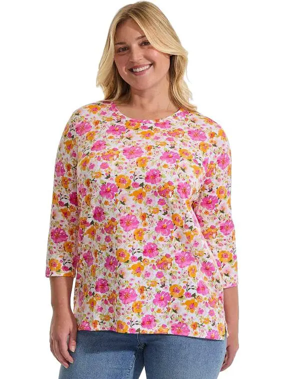 LANDS' END Supima Cotton 3/4 Sleeve Tunic - White Multi Painted Blooms