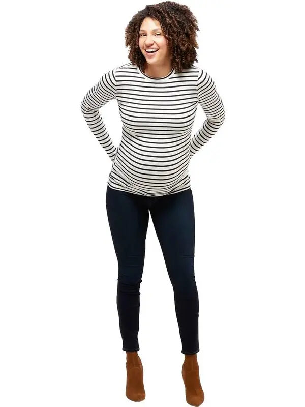 NOM MATERNITY Liv Long Sleeve Maternity Crew Neck Tee - Black And White Stripe