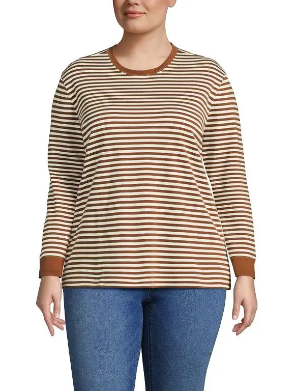 LANDS' END Long Sleeve Cotton Interlock Crew T-shirt - Rich Ginger/ivory Stripe