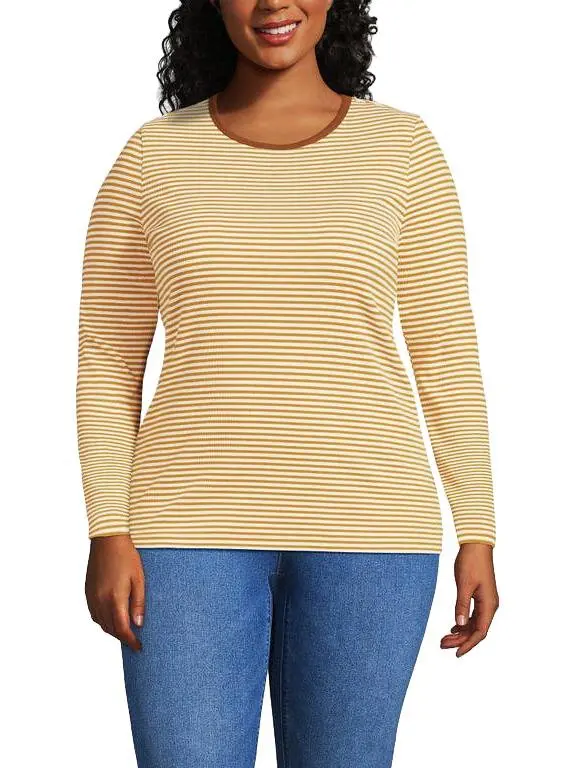 LANDS' END Long Sleeve Micro Rib T-shirt - Dijon Gold Tiny Stripe