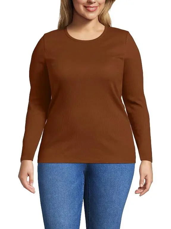 LANDS' END Long Sleeve Micro Rib T-shirt - Rich Ginger Brown