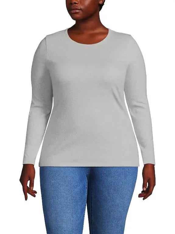 LANDS' END Cotton Rib Knit T-shirt - Soft Light Gray Heather