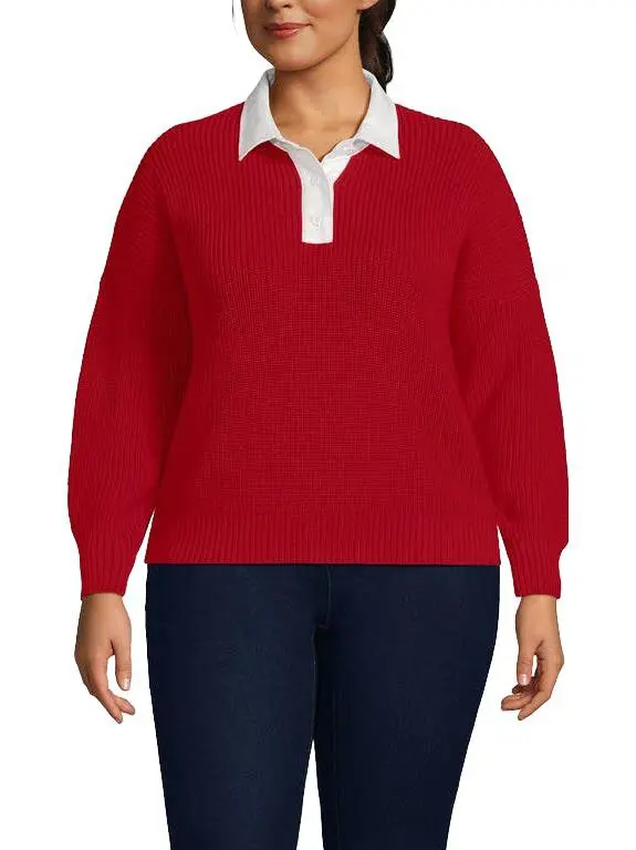 LANDS' END Drifter Rugby Sweater With Woven Collar - Compass Red