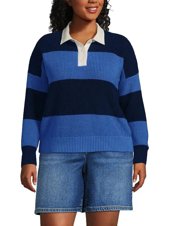 LANDS' END Drifter Rugby Sweater With Woven Collar - Muted Cobalt Blue/navy Rugby