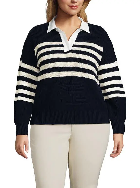 LANDS' END Drifter Rugby Sweater With Woven Collar - Navy/ivory Placed Stripe