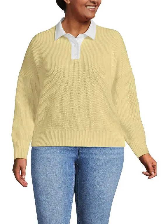 LANDS' END Drifter Rugby Sweater With Woven Collar - Pale Yellow