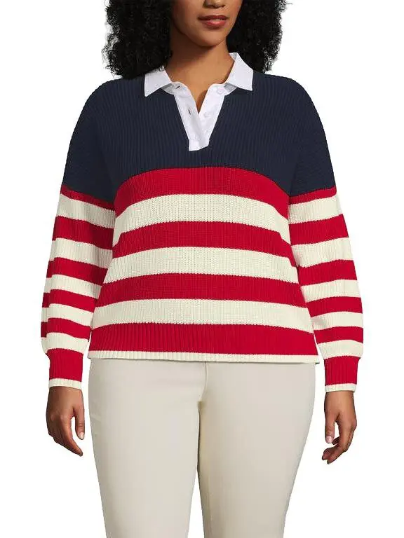 LANDS' END Drifter Rugby Sweater With Woven Collar - Red/ivory American Flag