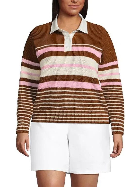 LANDS' END Drifter Rugby Sweater With Woven Collar - Rich Ginger Multi Stripes