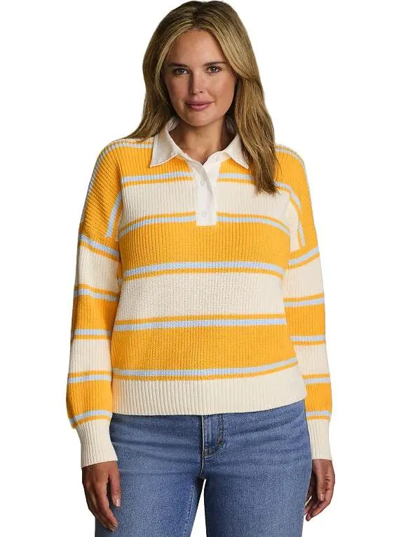 LANDS' END Drifter Jacquard Rugby Sweater With Woven Collar - Sunkissed Yellow Stripes