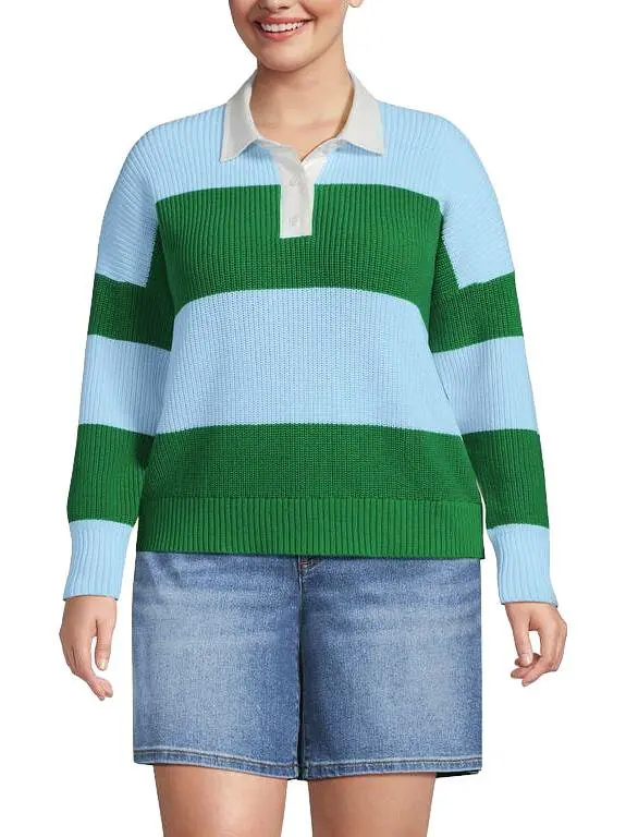 LANDS' END Drifter Jacquard Rugby Sweater With Woven Collar - True Green/soft Ice Blue Rugby