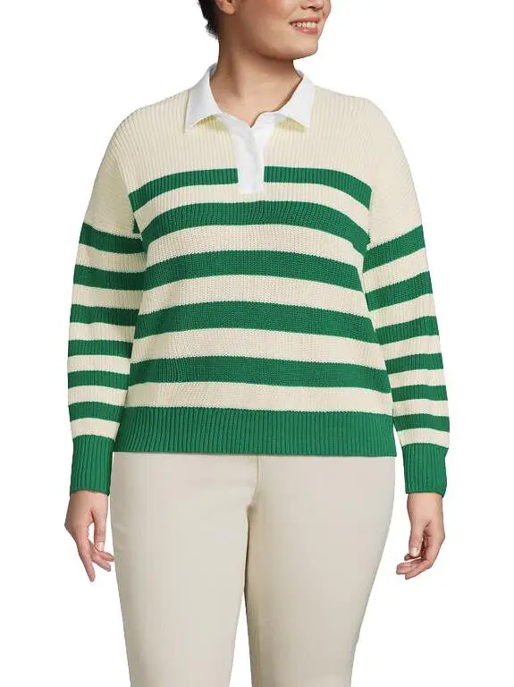LANDS' END Drifter Rugby Sweater With Woven Collar - Vibrant Clover Stripe