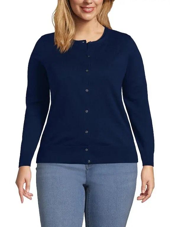 LANDS' END Fine Gauge Cotton Cardigan Sweater - Deep Sea Navy