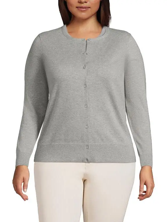 LANDS' END Fine Gauge Cotton Cardigan Sweater - Gray Heather