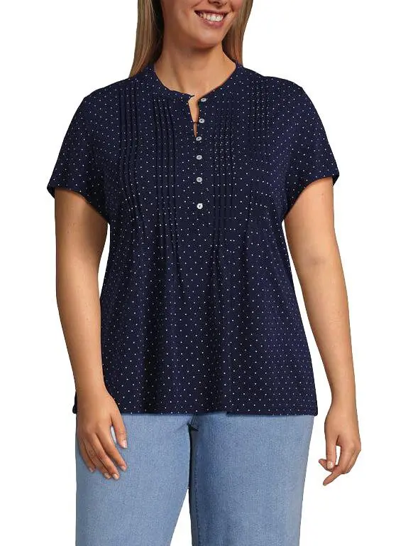 LANDS' END Lightweight Jersey Pintuck Blouse - Deep Sea Navy Pin Dot