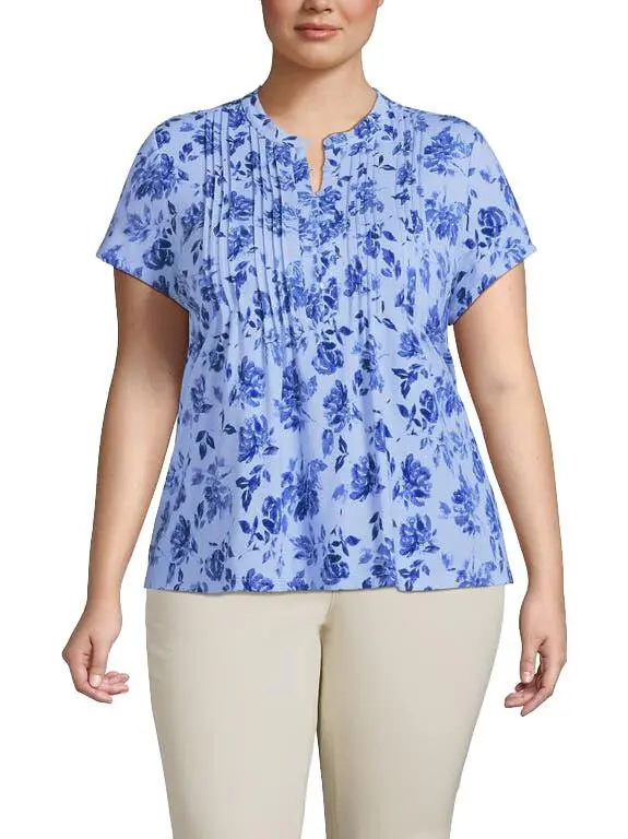 LANDS' END Lightweight Jersey Pintuck Blouse - Misty Blue Graphic Floral