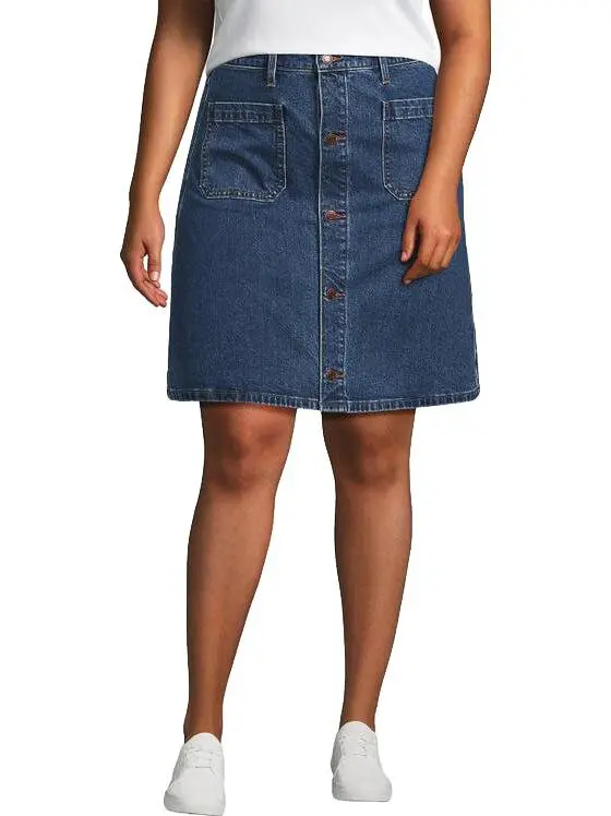 LANDS' END Denim Button-through Skirt - Indigo Tide Blue