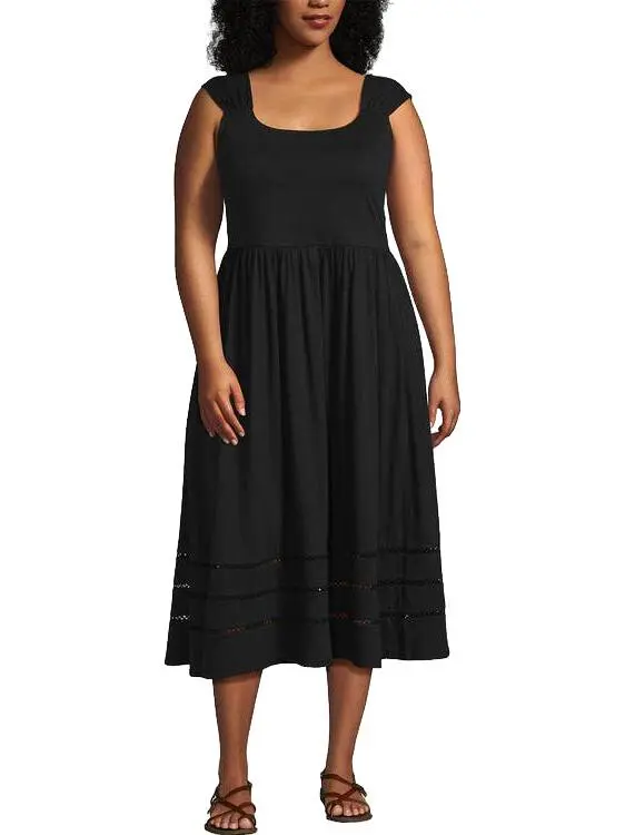 LANDS' END Slub Cap-sleeve Shirred Skirt Midi Dress - Black