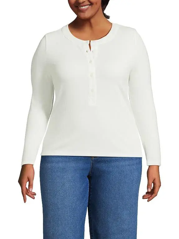LANDS' END Drapey Rib Fitted Long Sleeve Henley T-shirt - Ivory