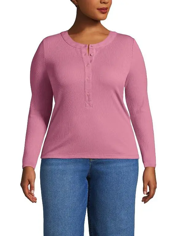 LANDS' END Drapey Rib Fitted Long Sleeve Henley T-shirt - Soft English Rose