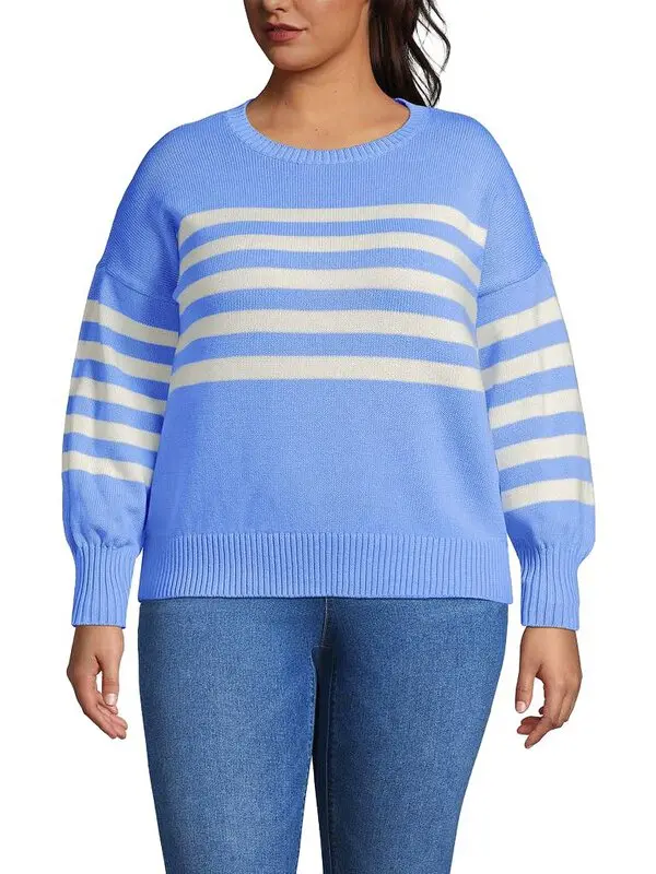 LANDS' END Drifter Jersey Crewneck Sweater - Clear Blue/ivory Placed Stripe