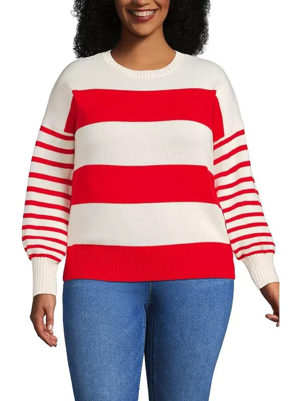 LANDS' END Jacquard Jersey Crew Neck Sweater - Coral Red/ivory Stripes