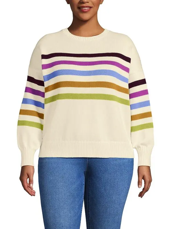 LANDS' END Jacquard Jersey Crew Neck Sweater - Ivory Placed Multi Stripe