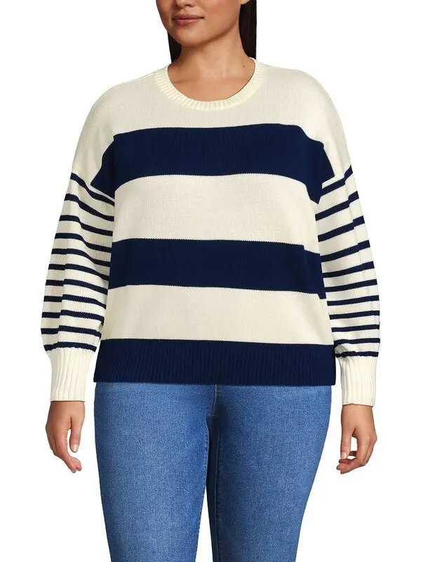 LANDS' END Jacquard Jersey Crew Neck Sweater - Navy/fresh Ivory Wide Stripe
