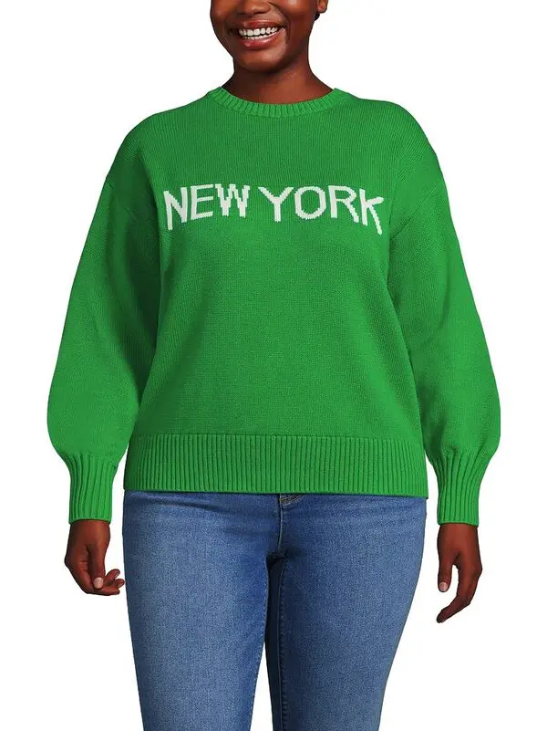 LANDS' END Drifter Jersey Crewneck Sweater - True Green/ivory New York