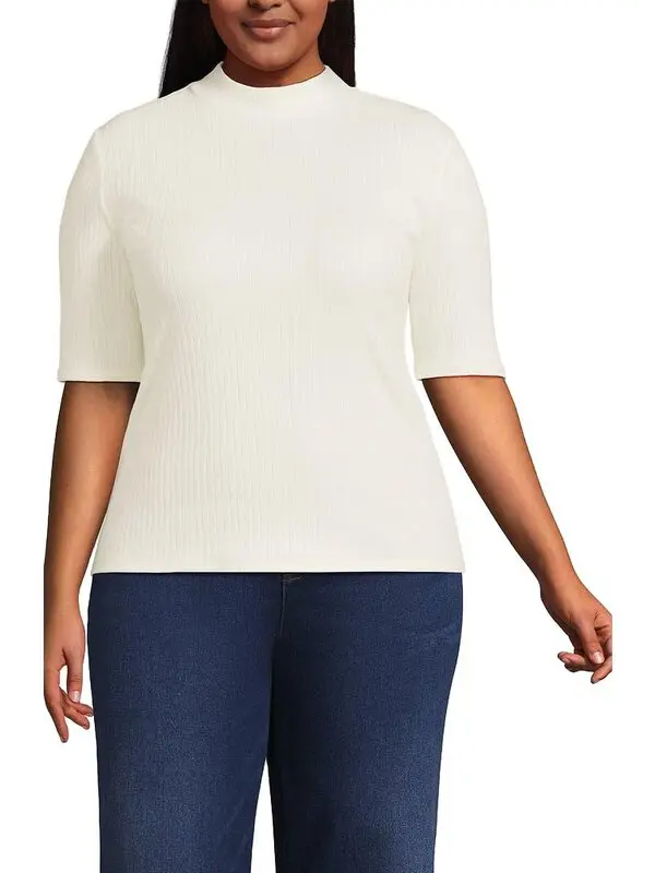 LANDS' END Elbow Sleeve Pointelle Rib Mock Neck Pullover - Ivory